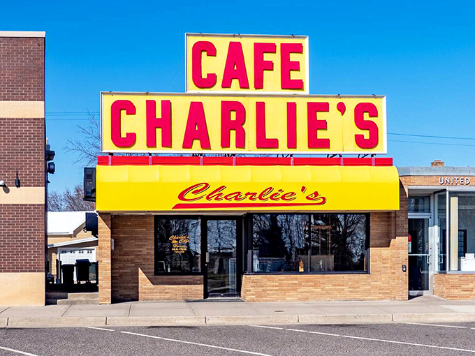 Charlie's Cafe's can't-miss yellow and red signage brightens up Freeport's Main Street, promising hearty meals and hometown hospitality.