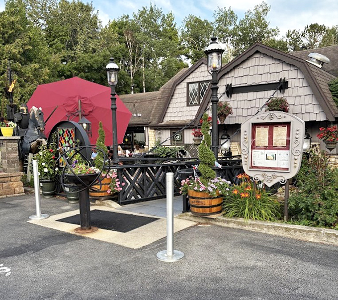 The English Inn's storybook exterior looks like something from a fairy tale, with its unique shingled roof and charming garden entrance.