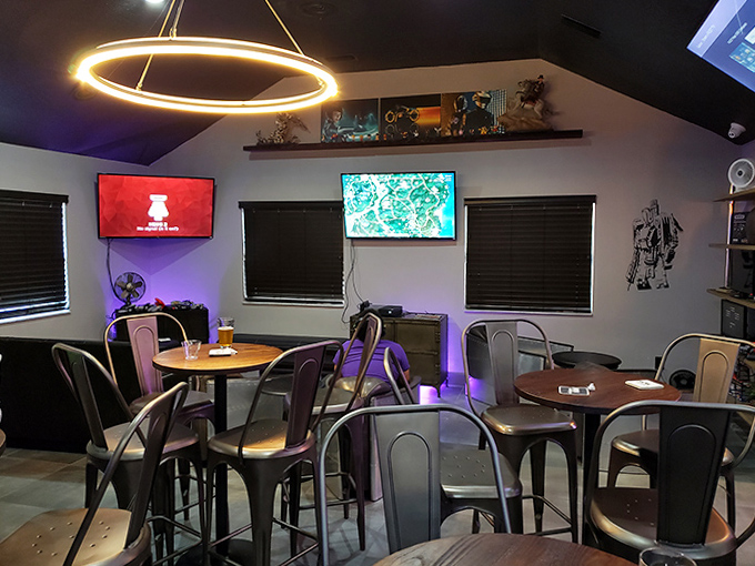 Between gaming marathons, these industrial-chic tables offer respite for weary thumbs and perfect perches for craft beer appreciation.