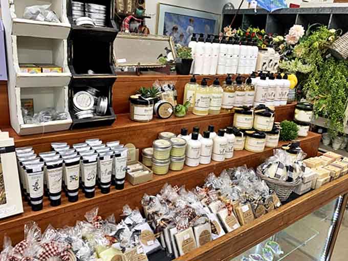 Artisanal soaps and lotions line wooden shelves like soldiers at attention, their packaging a refreshing departure from today's plastic-wrapped alternatives.