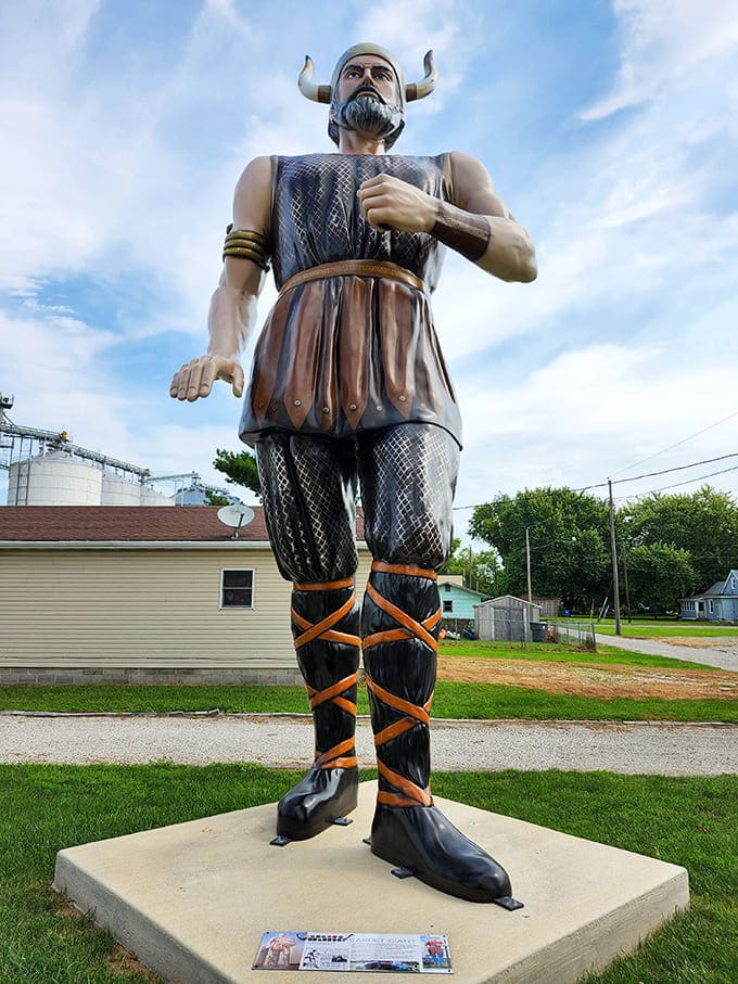 This Viking warrior stands guard in landlocked Illinois, his stern expression suggesting he's still searching for the nearest fjord.