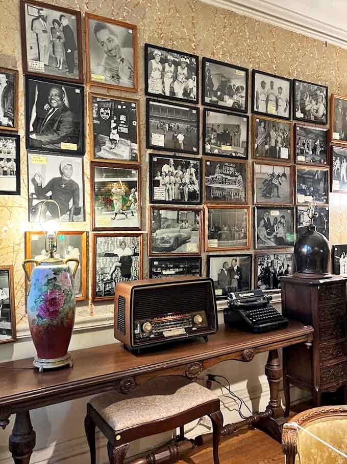 Famous faces from decades past watch over visitors, their black-and-white gazes preserving moments of American culture.