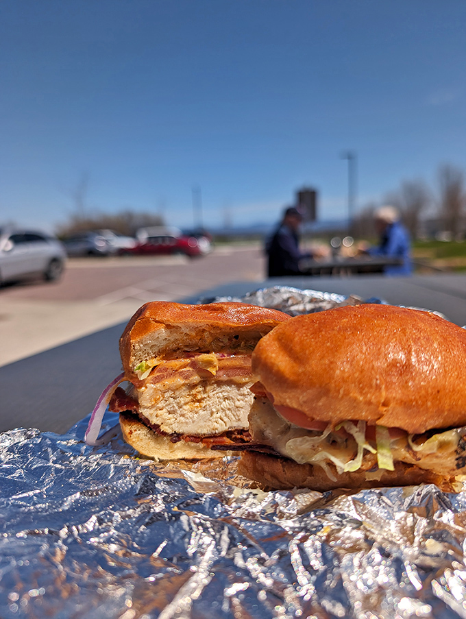 This chicken sandwich means business &ndash; tender meat, fresh toppings, and the perfect bread-to-filling ratio for outdoor dining bliss.