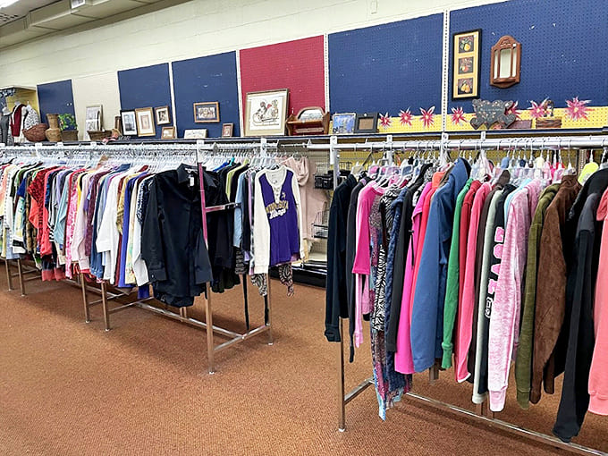 Fashion through the decades hangs in orderly rows, each piece whispering stories of parties, workdays, and special occasions from years past.