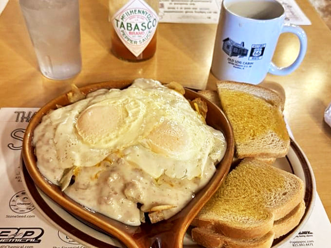 The country skillet &ndash; where hash browns, eggs, and gravy unite in a cast iron love affair that warms you from the inside out.