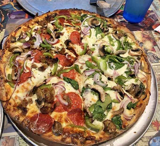 Can't decide between veggie or supreme? This half-and-half masterpiece solves the dilemma with a United Nations of toppings in perfect harmony.