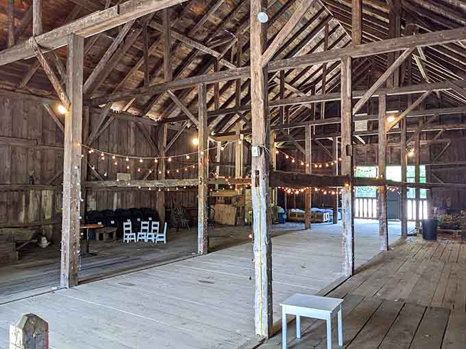 Inside this magnificent barn, massive timber beams tell stories of Maine's farming past before the sand took over like an uninvited houseguest.