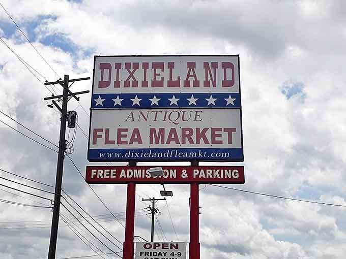 The patriotic Dixieland signage promises free admission and parking, because the best treasures shouldn't cost you before you even start.