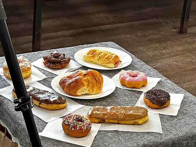 Fresh donuts and pastries lined up like edible soldiers ready to sweeten your morning in the most delicious way possible.