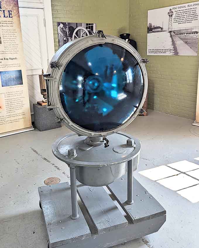 This vintage electric lamp once guided ships through dangerous waters, its blue-tinted light cutting through the densest fog and darkest nights.