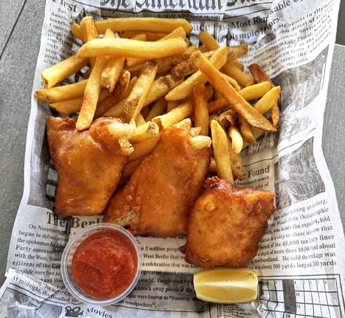 Fish and chips wrapped in newspaper &ndash; comfort food elevated to art form with a satisfying crunch giving way to flaky perfection.