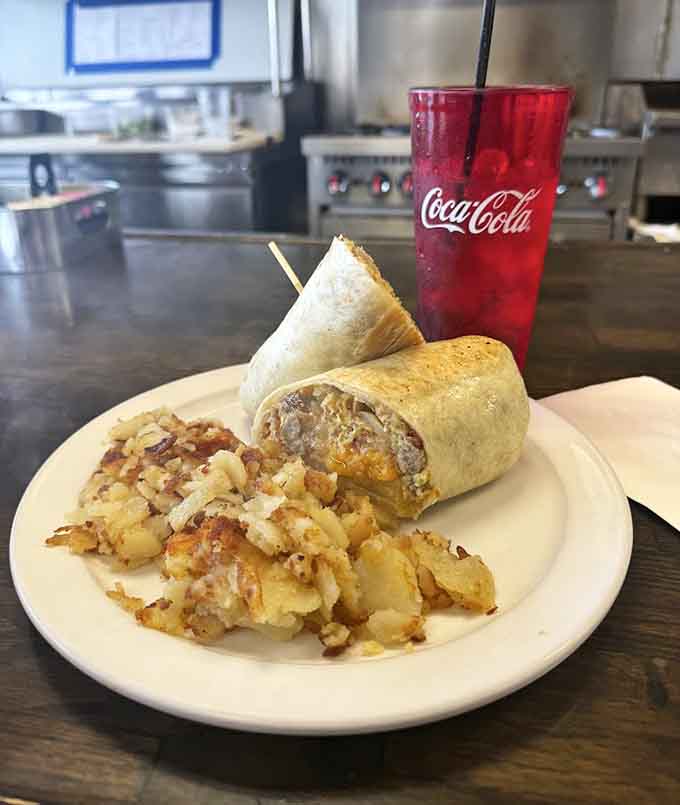 A breakfast burrito so stuffed it needs a toothpick to hold it together is exactly the kind of engineering we need.