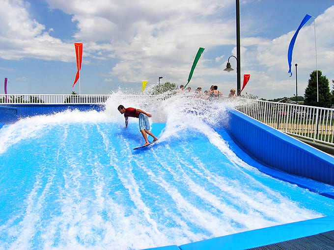 The FlowRider surf simulator offers landlocked Midwesterners a taste of coastal thrills without the sharks or salt water.