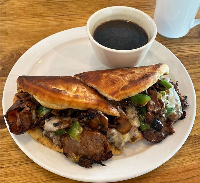 Buck's French Dip special arrives with tender beef nestled in a soft roll &ndash; the accompanying au jus practically begs for that first satisfying dip.