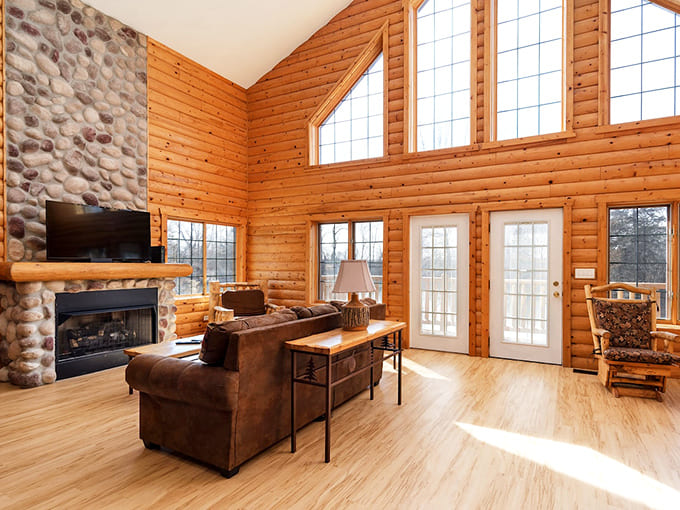 Spacious cabin living areas provide families room to spread out and relax, complete with fireplaces for that cozy lodge vibe.