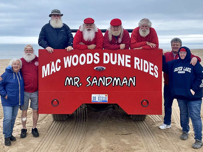 The unofficial "Santa convention" gathers at Mac Wood's – proving that even North Pole residents need a sandy vacation sometimes.