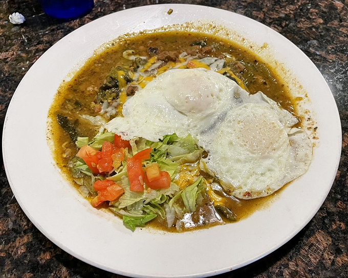 The Chile Verde variation swaps red for green, proving that breakfast, like life, is all about embracing delicious alternatives.