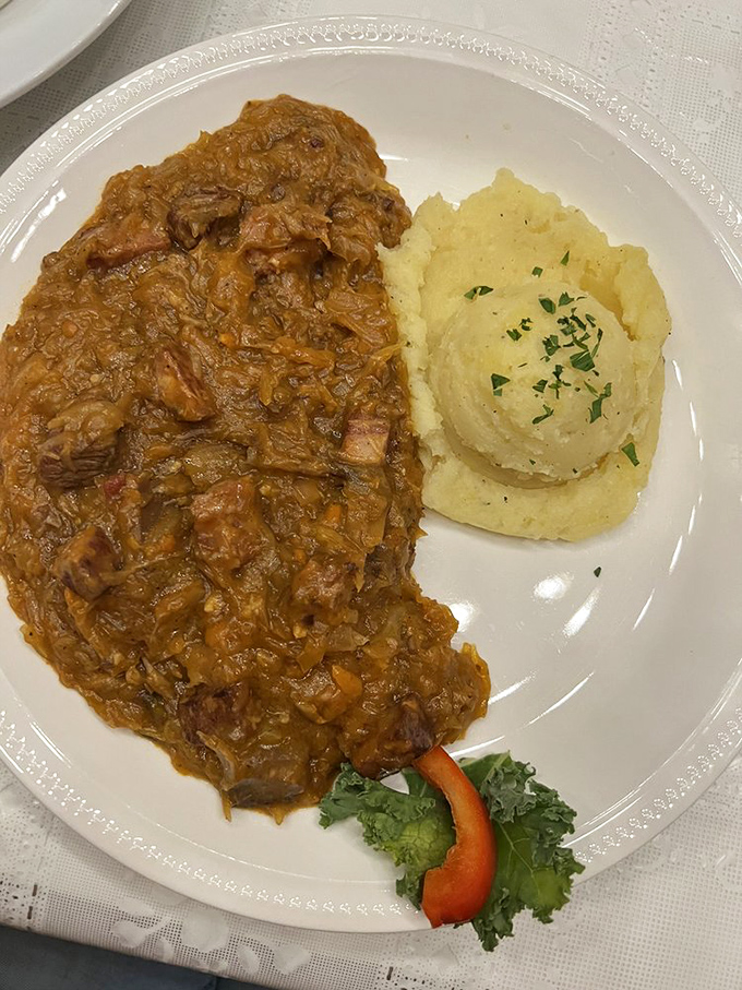 Hunter's Stew that's been simmering since yesterday, where cabbage, mushrooms and meat create a symphony of flavors that would make any Polish hunter proud.