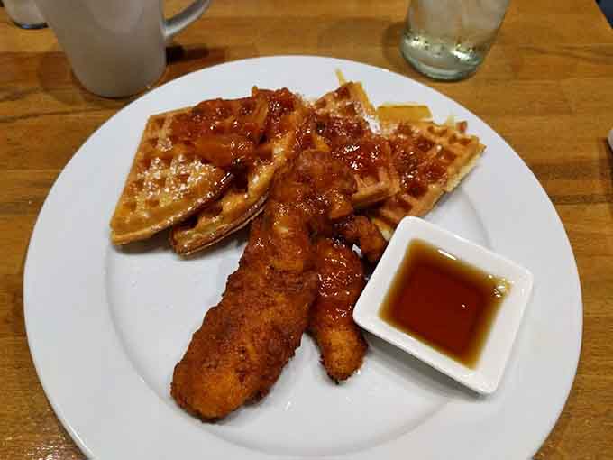 Waffles and chicken tenders create the kind of sweet-savory harmony that makes brunch decisions feel less like choices, more like destiny.