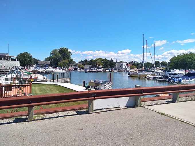 Boats bob gently in Mariner's Cove Marina, creating a forest of masts against Michigan's impossibly blue summer sky.