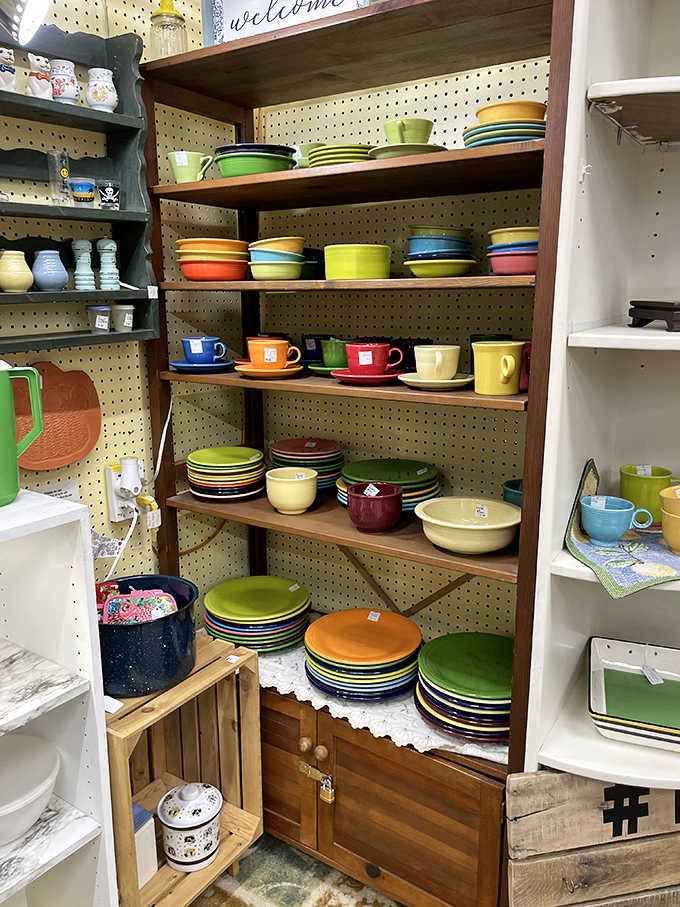 Fiestaware in every vibrant hue creates a rainbow of vintage kitchenware that brings mid-century charm to modern tables.