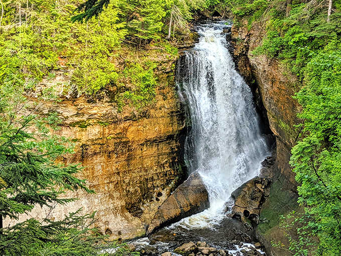 Miners Falls thunders through a narrow gorge, proving that sometimes the most impressive sights require venturing beyond the main attractions.