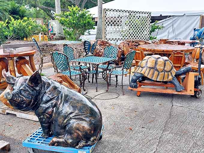 Outdoor furniture with personality &ndash; that pig sculpture isn't judging your decorating choices, but the turtle definitely is.