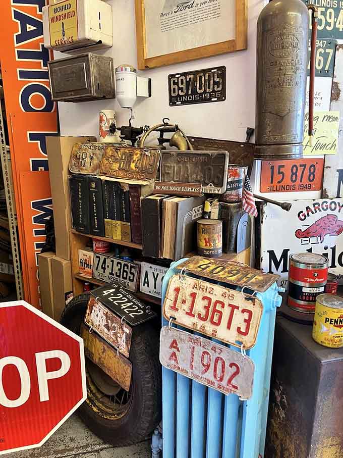 License plates and vintage signs create a visual history lesson covering every state and decade, each one representing journeys and stories we can only imagine now.