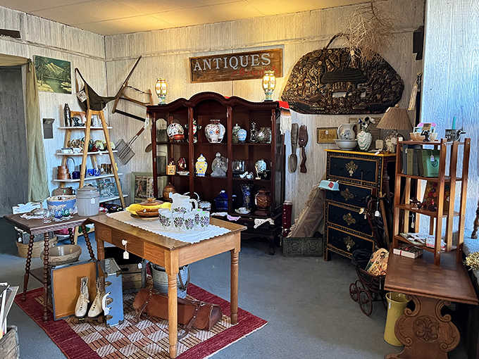 The "ANTIQUES" sign might be stating the obvious, but the carefully curated collection beneath it speaks of passionate collecting and thoughtful preservation.