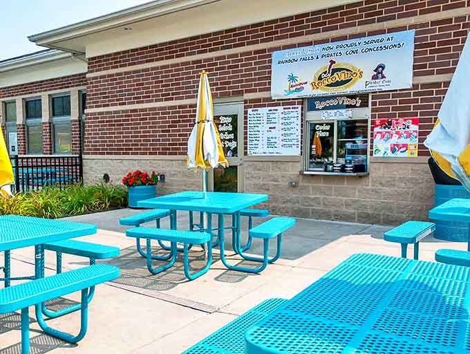 Rocco Vino's outdoor dining setup offers the rare waterpark experience of eating food that doesn't taste like it came from a vending machine.