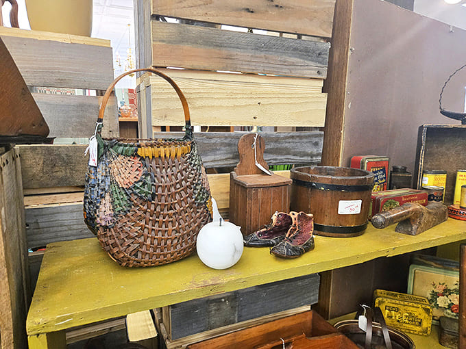 A weathered basket sits alongside childhood relics – the kind of authentic farmhouse décor that modern retailers try desperately to replicate but can't quite capture.