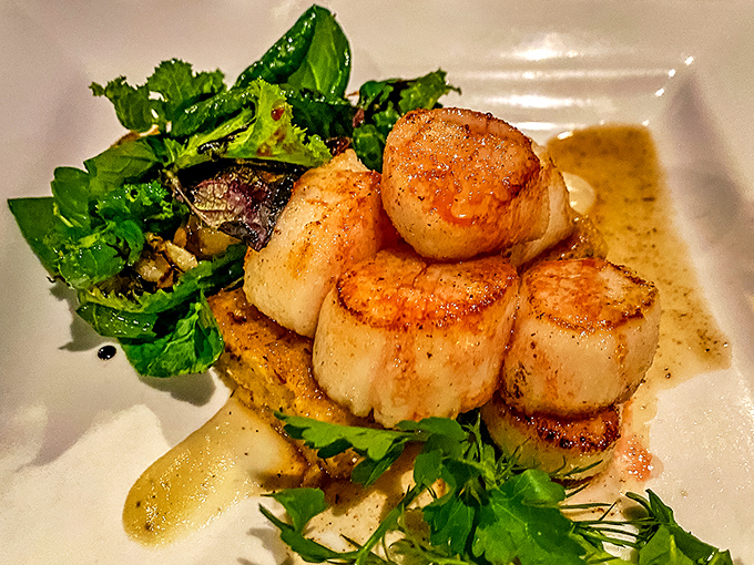 Ocean meets Vermont farmland in these perfectly seared scallops – golden outside, sweet and tender within, surrounded by seasonal accompaniments.