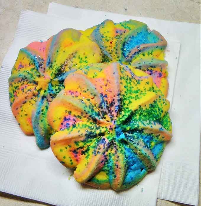 This psychedelic swirl cookie looks like it attended Woodstock – a tie-dyed treat that brings unexpected whimsy to the traditional bakery case.