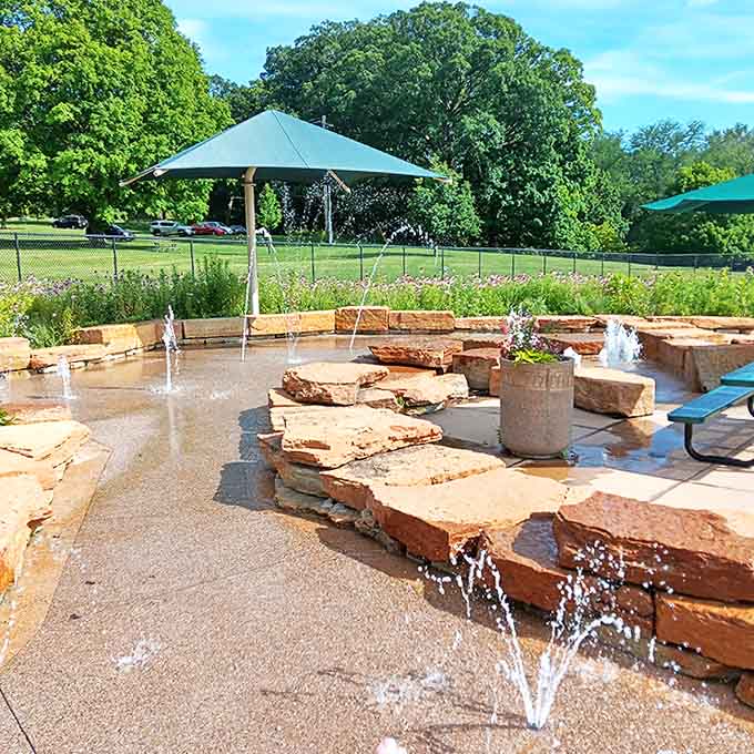 Natural stone elements add unexpected beauty to the splash features, because even water parks deserve good design.
