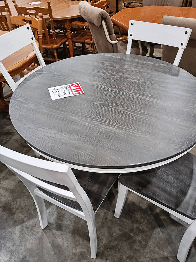 Farmhouse chic meets cabin comfort in this dining set &ndash; the kind of table where family stories get told and extra helpings are always encouraged.