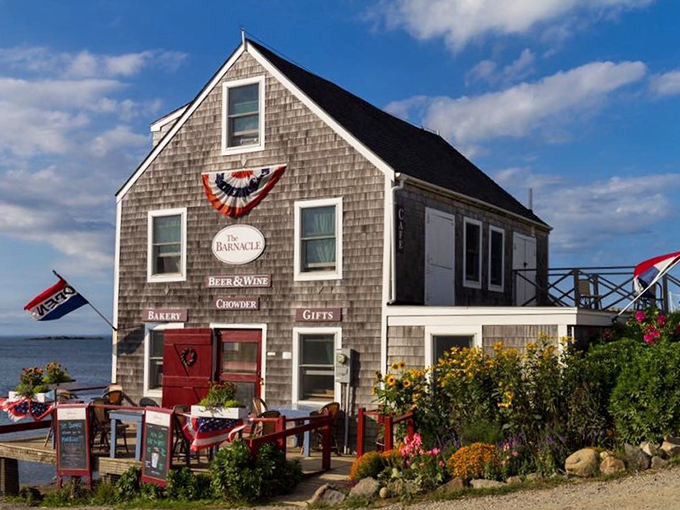 The Barnacle invites visitors with its weathered charm, promising local treats and harbor views with every purchase.