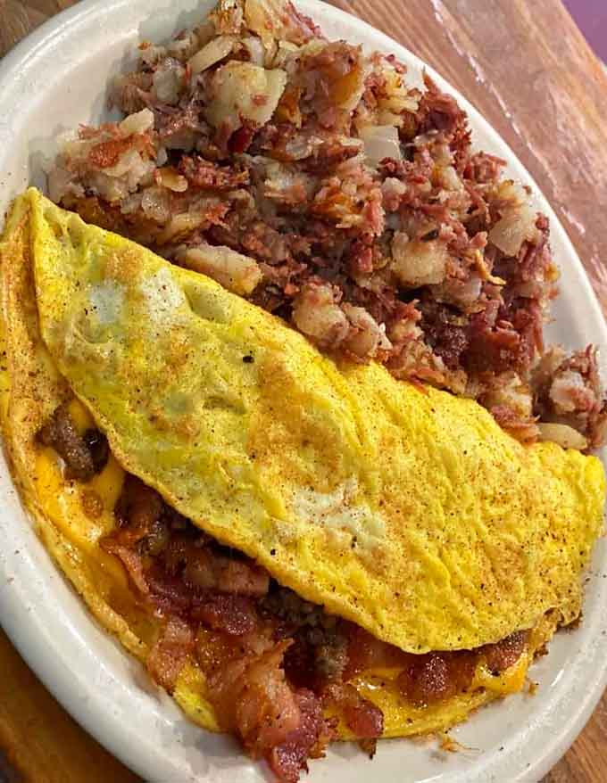The Meat Madness Omelet lives up to its name, folded around enough protein to fuel a small army through lunchtime.