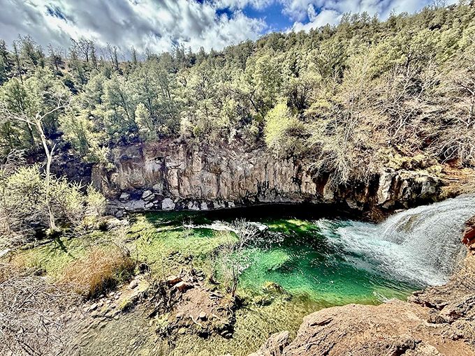 Emerald waters beckon from this upper pool, where the creek's mineral content creates that impossible Caribbean blue-green hue.