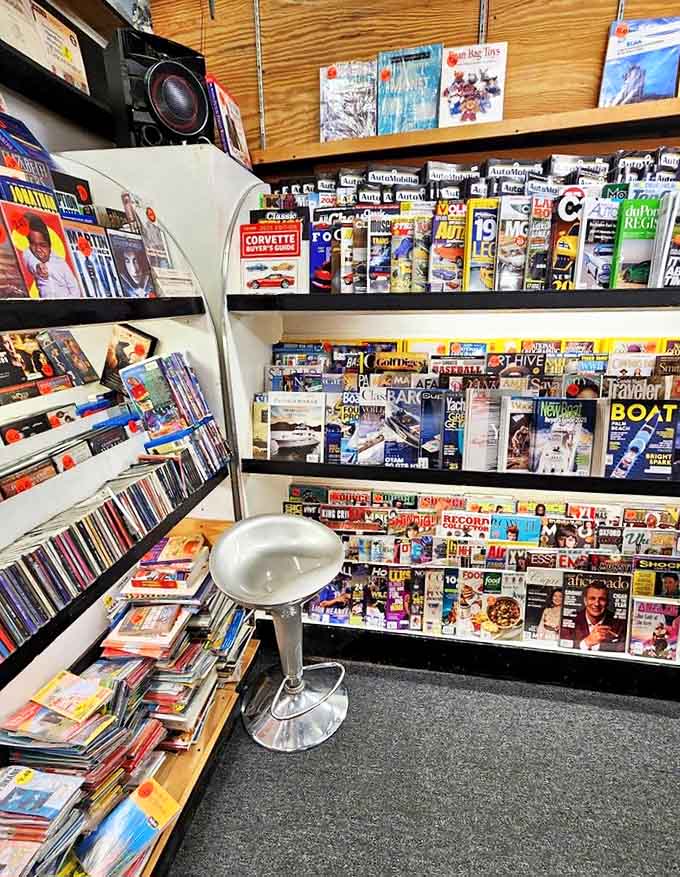 Every inch of wall space serves as a home for some publication, creating a tetris-like arrangement that somehow makes perfect sense to regular visitors.