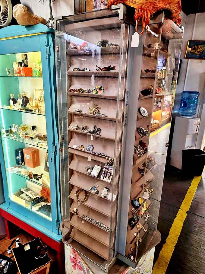 A transparent treasure chest of dangling earrings, sparkling brooches and colorful necklaces arranged with care on multiple tiers for easy browsing.