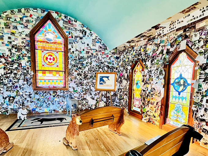 The chapel's interior combines whimsy and reverence, with dog-shaped pews offering a place for quiet reflection.