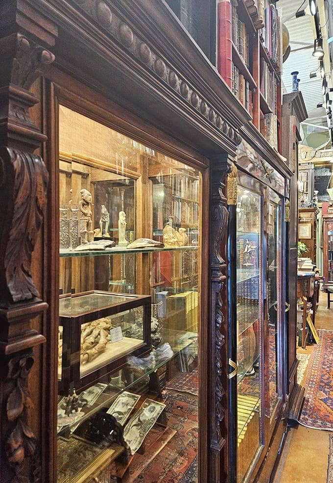 Intricately carved display cases house artifacts and volumes too precious for open shelving, their glass doors revealing glimpses of rarities.