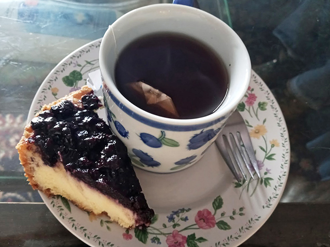A perfect pairing: wild blueberry pie and a cup of hot tea, the ideal Maine afternoon pick-me-up.
