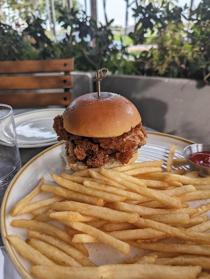 This isn't just a chicken sandwich – it's a masterclass in textural contrast, where crispy golden coating meets pillowy bun, with fries standing at attention alongside.
