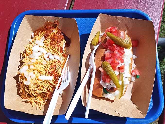 The Coney-style dog arrives dressed to impress with cheese, onions, and enough napkin-requiring deliciousness to make dignity optional but satisfaction guaranteed.