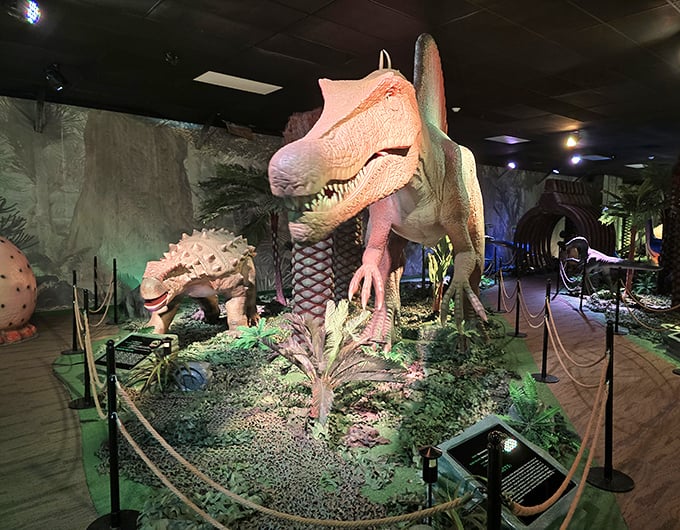 This Spinosaurus display demonstrates the museum's commitment to scientific accuracy with updated anatomical features.