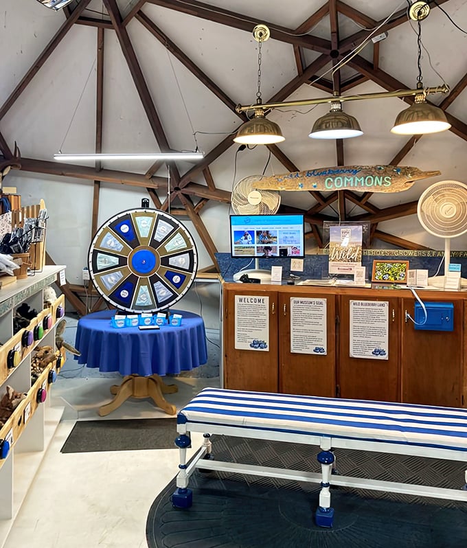 Inside the Commons area, a spin of the wheel might win you a blueberry prize, while the rustic beams overhead add charm to this fruity wonderland.