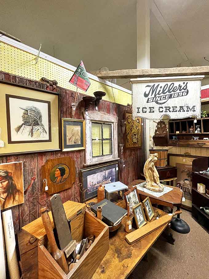 Vintage glassware catches light like crystallized memories, their colors and patterns telling stories of dinner parties and Sunday gatherings long past.