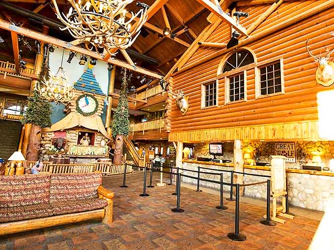 Soaring timber ceilings, stone fireplace, and enough woodland charm to make Paul Bunyan feel right at home. The lobby sets the perfect Northwoods fantasy tone.