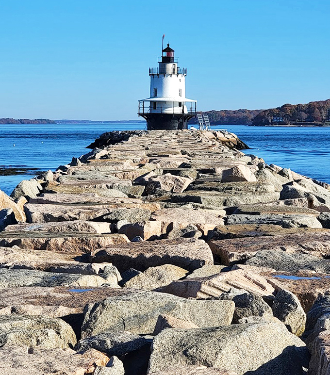This rocky path to Spring Point Ledge Light offers another maritime adventure for lighthouse enthusiasts exploring Portland's coastal treasures.